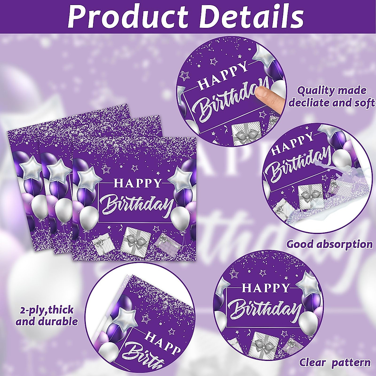 96 Pcs Purple Birthday Party Supplies Paper Plates Napkins Purple Silver Happy Birthday Tableware Set Dinner Dessert Table Decorations Favors for Women Girls Serves 24