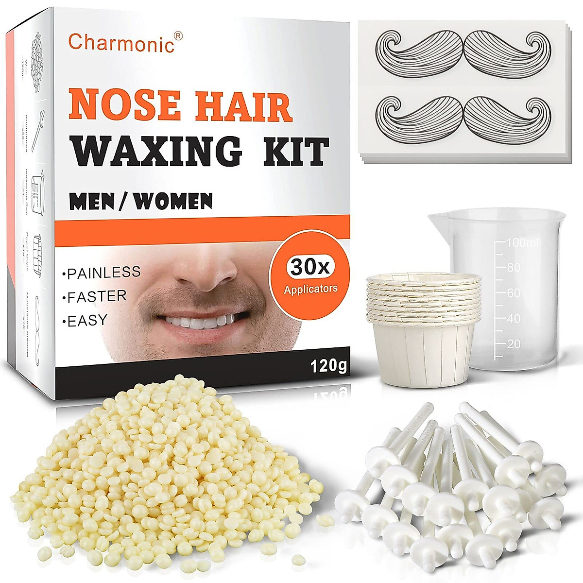 120g Charmonic Nose Hair Waxing Kit with 30 Applicators, Quick and Painless Removal for Men and Women, Enough for 15-20 Uses