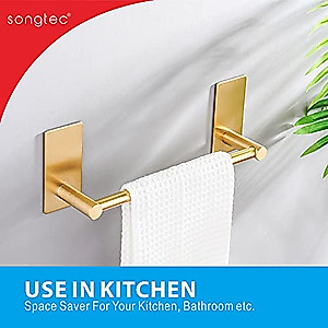 Songtec Gold Towel Bar 9-Inch, Adhesive Bath Towel Rack No Drill, Strong Adhesion Tape Mount Towel Holder, Stainless Steel - Brushed Gold