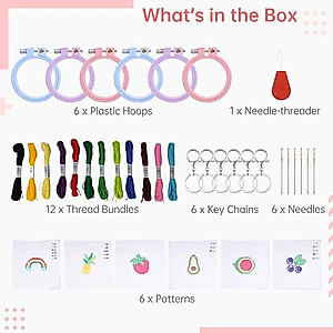 joyibay 6PCS 3'' Cross Stitch Embroidery Kits for Kids, Cross Stitch Beginner for Handicraft, Fruit Patterns DIY Handmade Pendant Hoops for Kids Manual Backpack Decoration with Chains