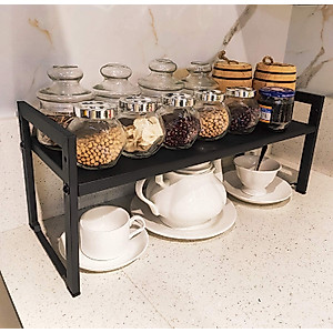 Urhomey plus Expandable Cabinet Shelf 16~26"(L), Stackable Kitchen Counter Shelf Organizer, 22LBS Heavy Duty Shelf Riser, Countertop Storage Pantry Shelf, Durable Metal Sink Shelf (Black)