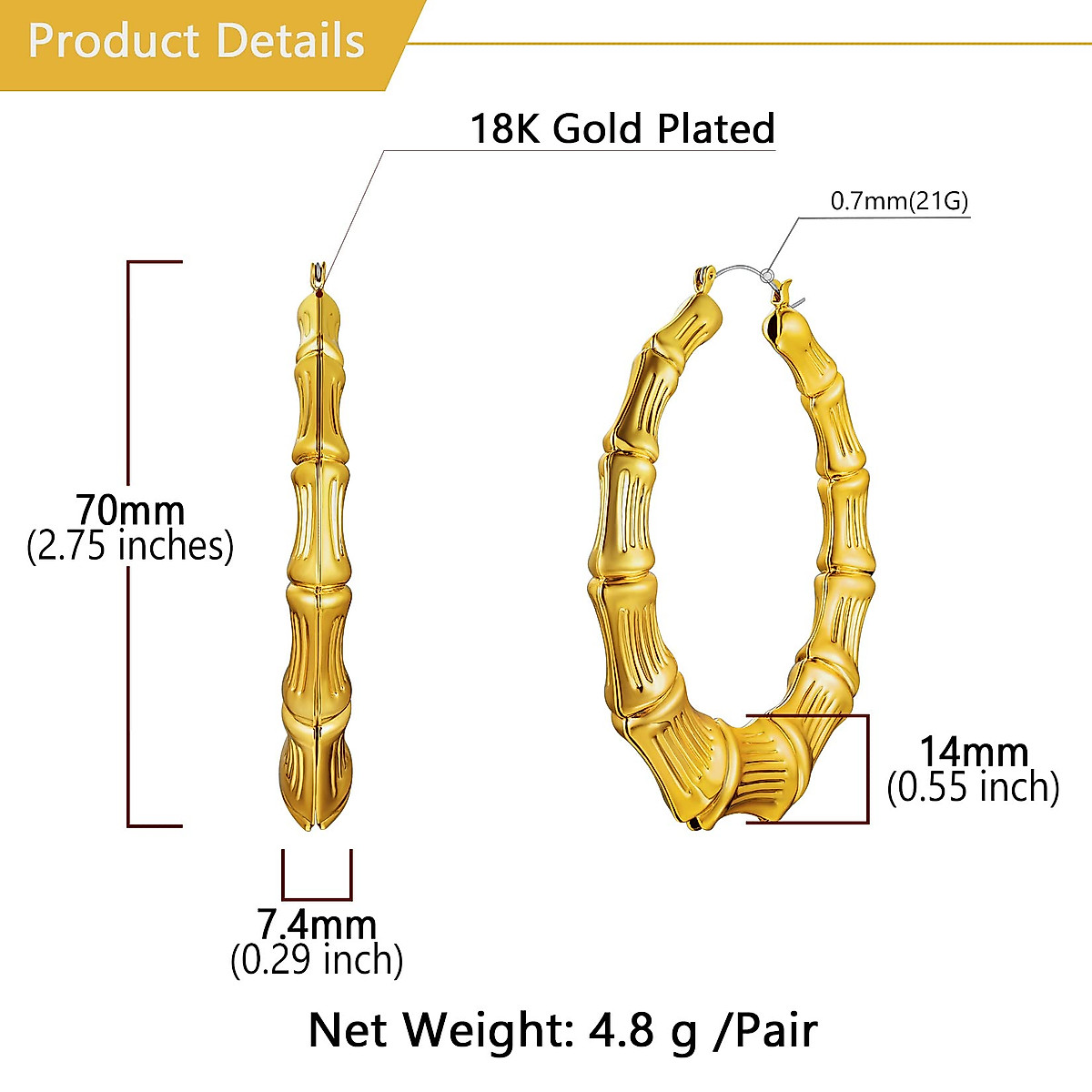 U7 Bamboo Earrings Women 18K Gold Plated 70MM Large Hoops Boho Jewelry Statement Door Knocker Earrings