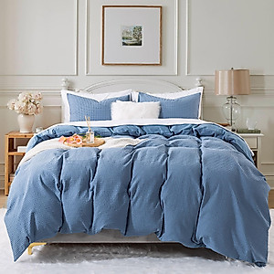 HoneiLife Waffle Weave Comforter Cover - Cotton Duvet Cover Sets Queen Size, Skin Friendly Bedlinen Set for All Season Use- Blue