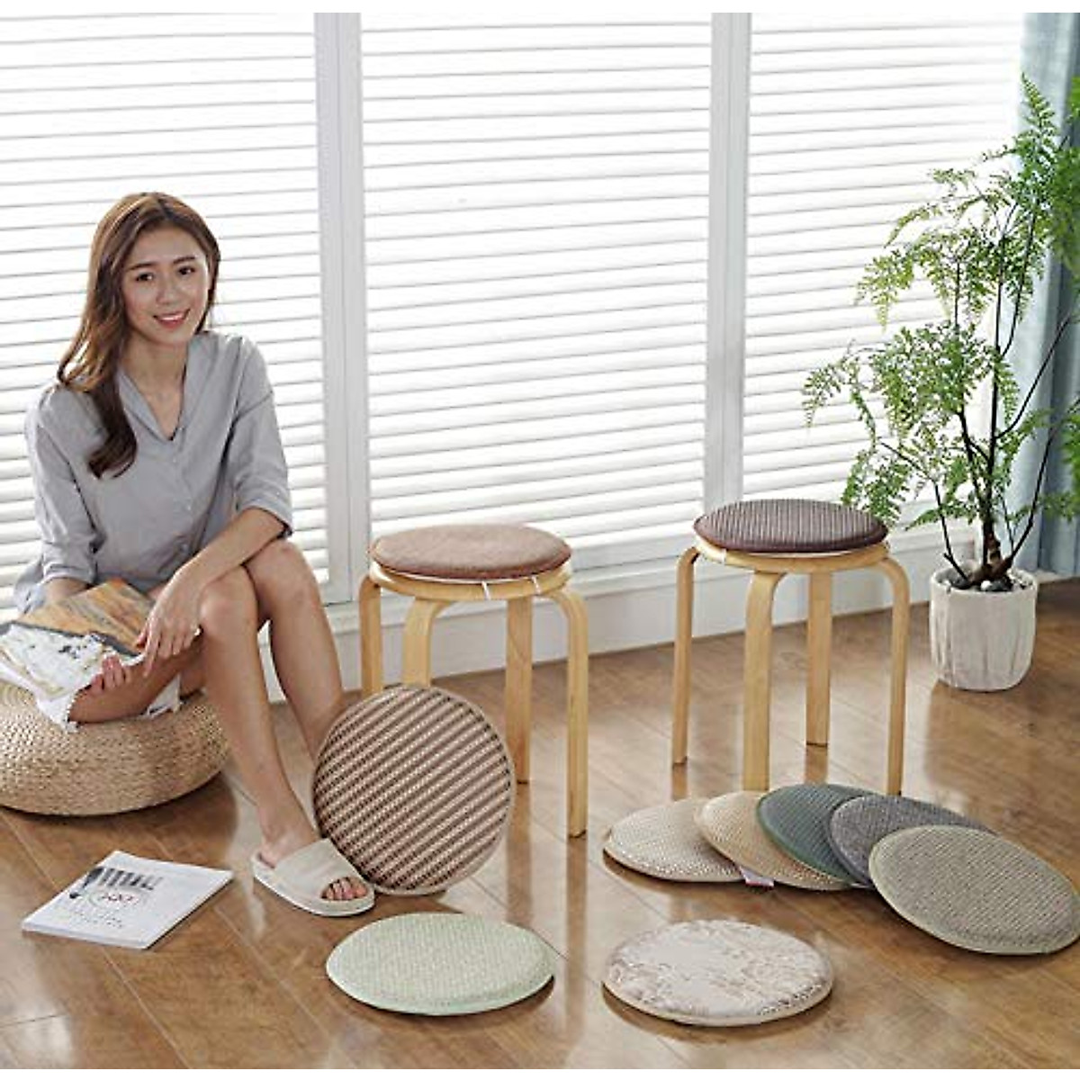 YUMUO Round Spong Seat Cushion,Comfort Breathable Dining Chair Cushions - Perfect for Kitchen Patio Furniture Garden Home S-Cotton Linen 30cmx30cm(11x11inch)