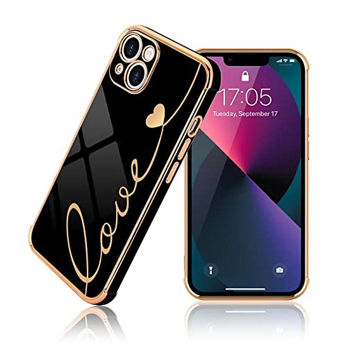 LAPOPNUT Compatible with iPhone 13 Case,Cute Love Heart Design for Women Girls, Luxury Plating Bumper with Camera Lens Protection Cover Shockproof Phone Case for iPhone 13 6.1 inches Black