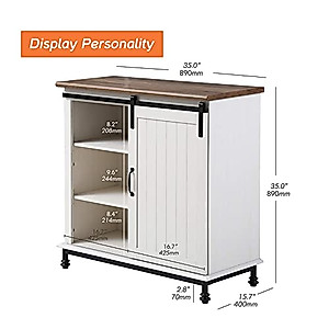 WAMPAT Storage Cabinet with Sliding Barn Door,Decorative Farmhouse Buffet Cabinet Coffee Bar Cabinet Accent Cabinet Entryway Storage Table for Living Room,Bathroom and Kitchen,Metal Feet,35 Inch,White