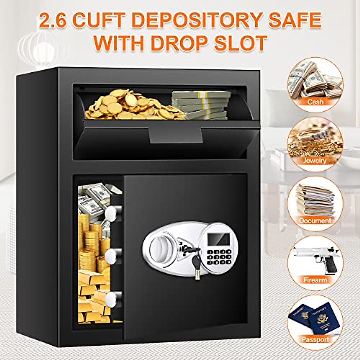 2.8 Cuft Depository Safe with Drop Slot, Anti-Theft Cash Drop Safe with Digital Keypad, Heavy Duty Money Drop Box with LED Display, Drop Safe for Business Mail Church