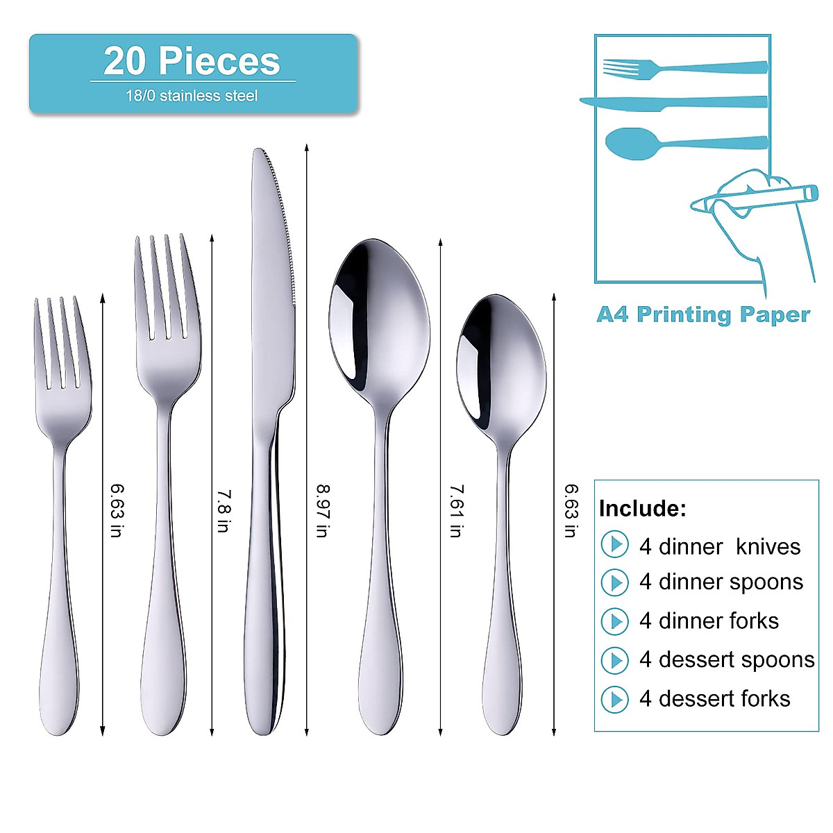 KITIOK Flatware Set for 4, Silverware Set, 20-Piece 18/0 Stainless Steel Utensils Set Service For 4, Tableware Cutlery Set, Mirror Polished, Dishwasher Safe, (Silver)