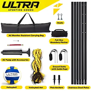 Volleyball Net Outdoor - Includes 32x3 Feet Regulation Size Net, 8.5-Inch PU Volleyball, Carrying Bag, Boundary Lines, Steel Poles & Pump - Volleyball Net for Backyard, Beach, or Pool