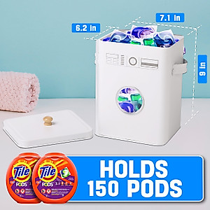 Skywin Metal Laundry Pod Container with Lift-Up Lid Wooden Handle - Laundry Pod Storage Container for Laundry Room Organization Laundry & Dishwasher Pod Laundry Container (White)