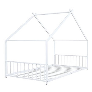 DNYN Twin Size Metal House Bed with Roof Design for Kids Bedroom,Sturdy Steel Bedframe,No Box Spring Needed, White