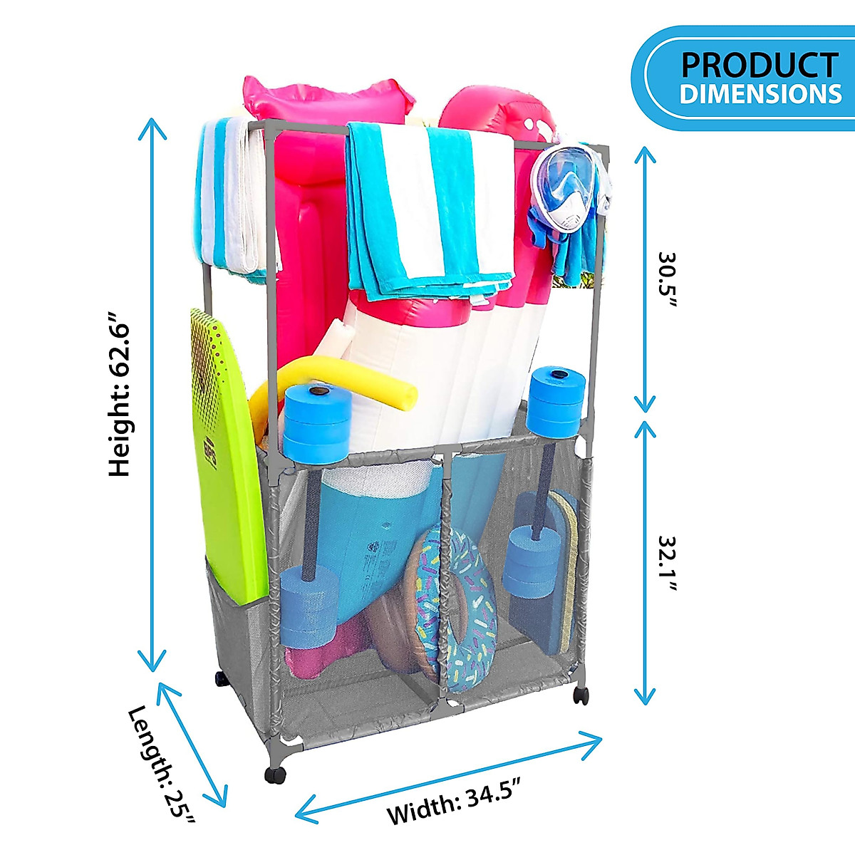 Pool Bins Pool Equipment Holder with Towel Drying Bars, Mesh Rolling Multi Use Storage Organizer Bin, Large Towel Hanger (25" L x 34.5" W x 62.6" H), Gray
