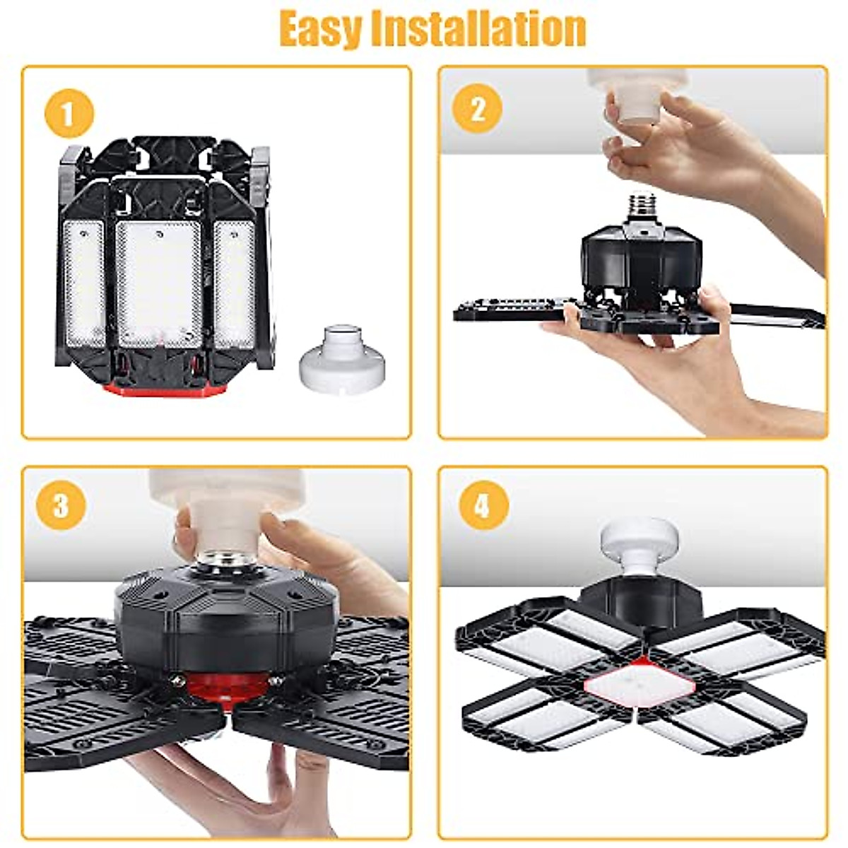 180W Upgraded LED Garage Lights 2-Pack - 20000LM 6500K Deformable Ceiling Lighting Fixture with 12 Adjustable Panels 228 LED Lamp Bead Light - E26/E27 Bay Light for for Garage, Workshop, Basement