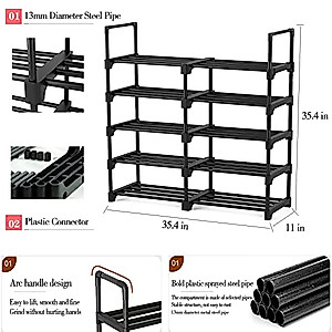 SMYOUQE 5 Tier Shoe Rack For Closet, 20 Pairs Sturdy Metal Shoe Shelf Storage Organizer, Small Space Wide Adjustable Tall Low Stackable, Shoe Rack For Closet Entryway Floor 36 Inch Wide, Black