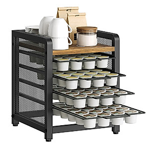 YATINEY Coffee Pod Holder, K Cup Holder, 4-Tier Coffee Pod Organizer, Small Desktop Storage Rack for 80 Coffee Pods, Space Saving, for Home Office, Kitchen, Living Room, Rustic Brown and Black, KH04BR