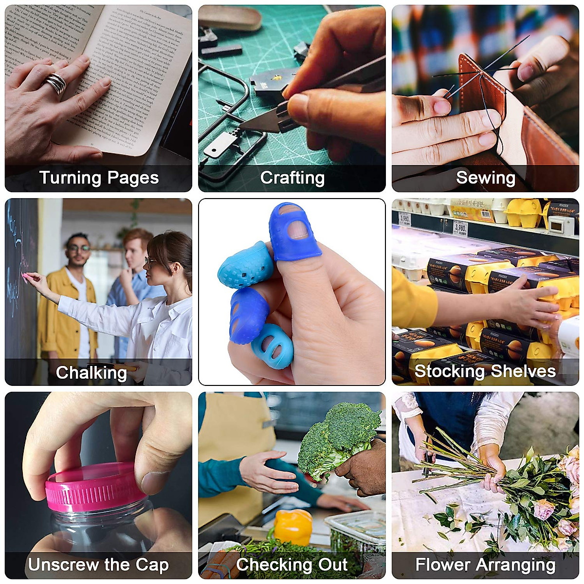 Wisdompro 16 Pcs Finger Tips, 4 Sizes Silicone Thimble Fingertip Grips Finger Protectors Pads Cover for Paper Sorting, Page Turning, Hand Sewing, Money Counting, Guitar Playing - Blue, Aqua