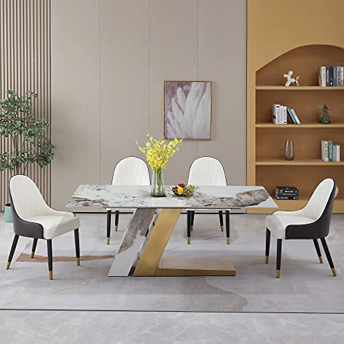 Montary 71” Modern Rectangle Dining Table for 6-8 Seat, Marble Dining Table with Sintered Stone Pandora Tabletop and L-Shape Stainless Steel & Stone Slate Base (Only Table)