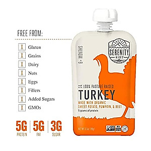 Serenity Kids 6+ Months Baby Food Pouches Puree Made With Ethically Sourced Meats & Organic Veggies | 3.5 Ounce BPA-Free Pouch | Pasture Raised Turkey, Sweet Potato, Pumpkin, Beet | 6 Count