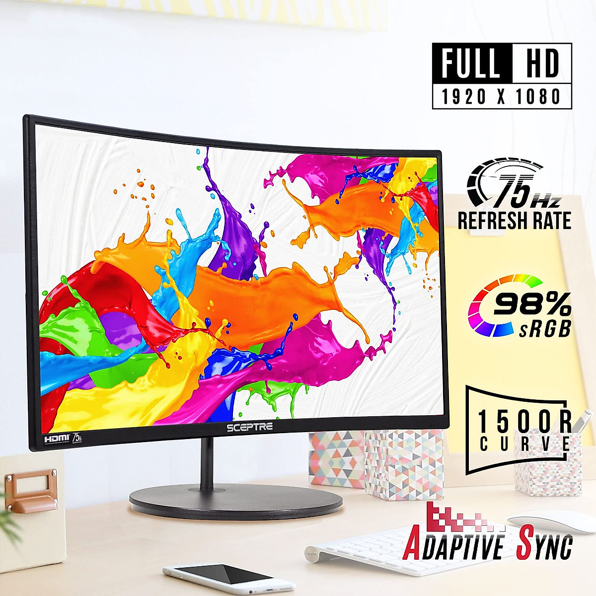 Sceptre Curved 24" Gaming Monitor 75Hz HDMIx2 VGA 98% sRGB R1500 Build-in Speakers, Machine Black 2022 (C249W-1920RN Series) (Renewed)