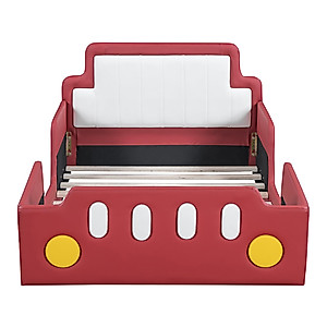 Harper & Bright Designs Twin Size Race Car-Shaped Bed Frame with Wheels for Kids, PU Leather Wooden Twin Platform Bed with Wood Slat Support, No Box Spring Needed,Red