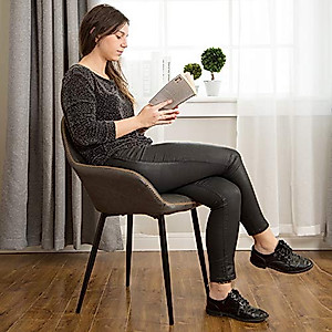 glitzhome Mid-Century Dining Chairs Set of 2 with Arm Leatherette Seat Metal Legs Living Room Bedroom Kitchen Modern Furniture, Grey