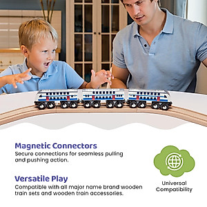 Maxim Enterprise, inc. Double Decker Wooden Train Set of 2 Engines & 1 Passenger Car, Multi-Level Commuter Transit Toy, Compatible with Thomas & Friends, BRIO, Other Major Brand Railways