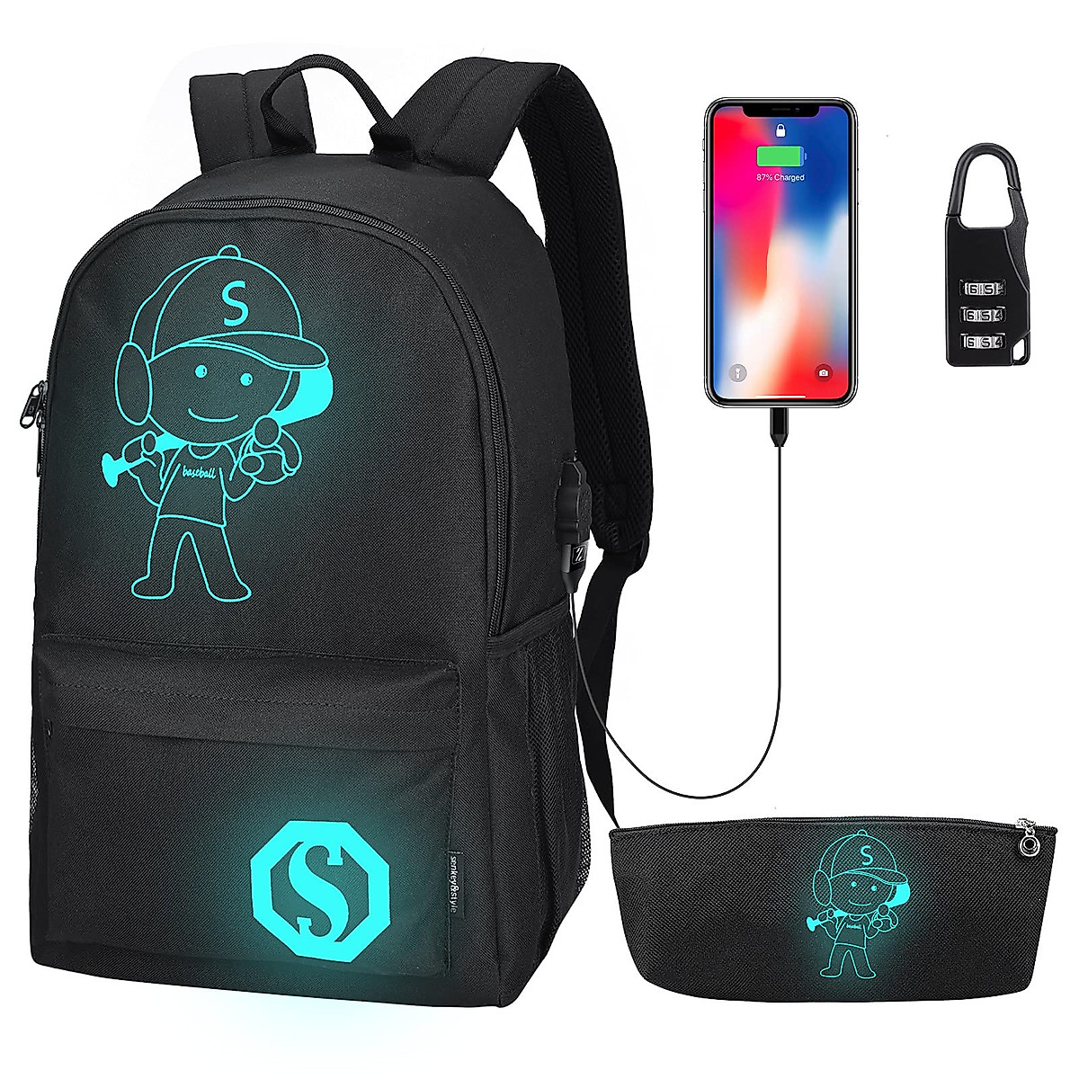 Pawsky Backpacks for Boys, Baseball Anime Luminous Backpack with USB Charging Port, Anti Theft Lock and Pencil Case, College School Bookbag Lightweight Laptop Bag, Black