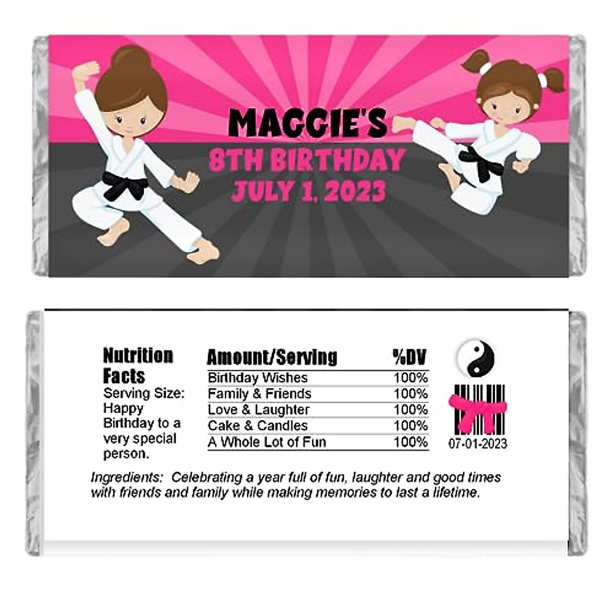 Personalized Candy Wrappers for Chocolate, Karate Party Favors, Pack of 20 Custom Hershey Bar Labels (Pink/Girl)