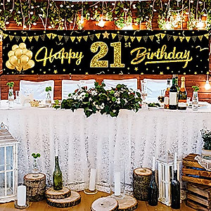 21st Birthday Banner Decorations for Her & Him, Black Gold Happy 21 Year Old Birthday Sign Party Supplies Décor, Twenty First Birthday Photo Banner for Outdoor Indoor