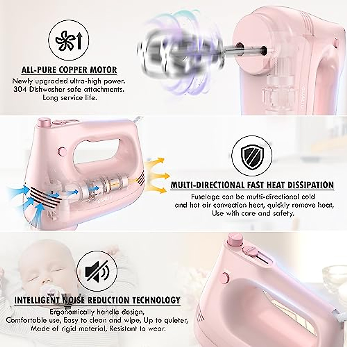GUALIU Electric Hand Mixer with Stainless Steel Egg Beater, Dough Hook Attachment and Storage Bag Compact Lightweight Hand Mixer for Baking Cakes, Eggs, Cream Food Mixers. Turbocharged /5 Speed + Eject Button Kitchen Blender PINK