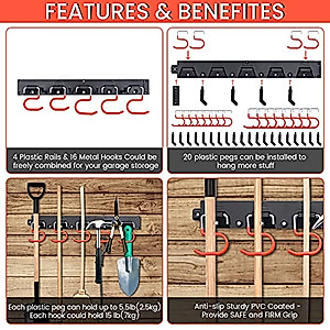 MOHOO 64 Inch Adjustable Tool Hanger Wall Holder for Garden Tools, Wall Mount Tool Organizer, Garage Tool Rack, Heavy Duty Shovel Hanger with 4 Rails 16 Hooks