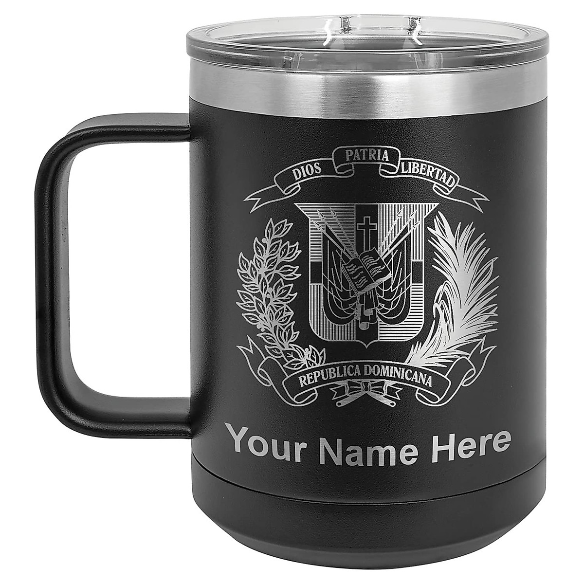 LaserGram 15oz Vacuum Insulated Coffee Mug, Coat of Arms Dominican Republic, Personalized Engraving Included (Black)