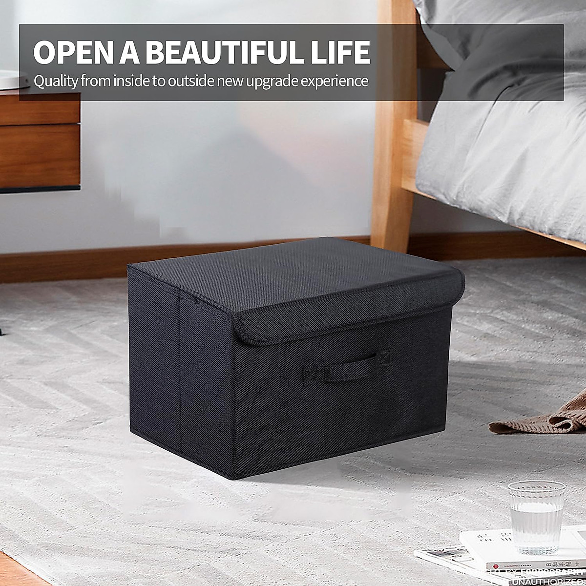 9 Pack Decorative Storage Bins Containers & Fabric Bins with Lids Storage Baskets for Shelves Drawers, Desktop, Closet, Playroom, Classroom, Office, Bedroom, Home, Garage (black, 14.9x10x10)