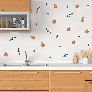 IKEYU Tangerines Green Leaves Wall Decals Boho Wall Decal Stickers Fruit Orange Wall Decal Kitchen Plant Leaf Wall Stickers for Nursery Bedroom Bathroom Kids Room Decor