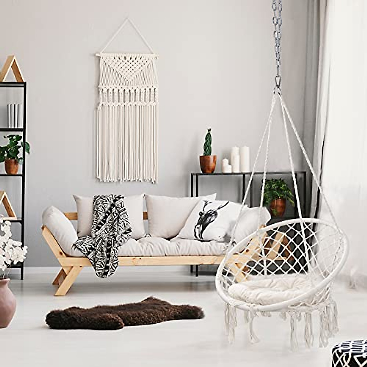 HBlife Hammock Chair, Hanging Swing with Macrame and Cushion, Max 330 Lbs, Beige Hanging Cotton Rope Chair for Indoor, Outdoor, Bedroom, Patio, Yard, Deck, Garden and Porch