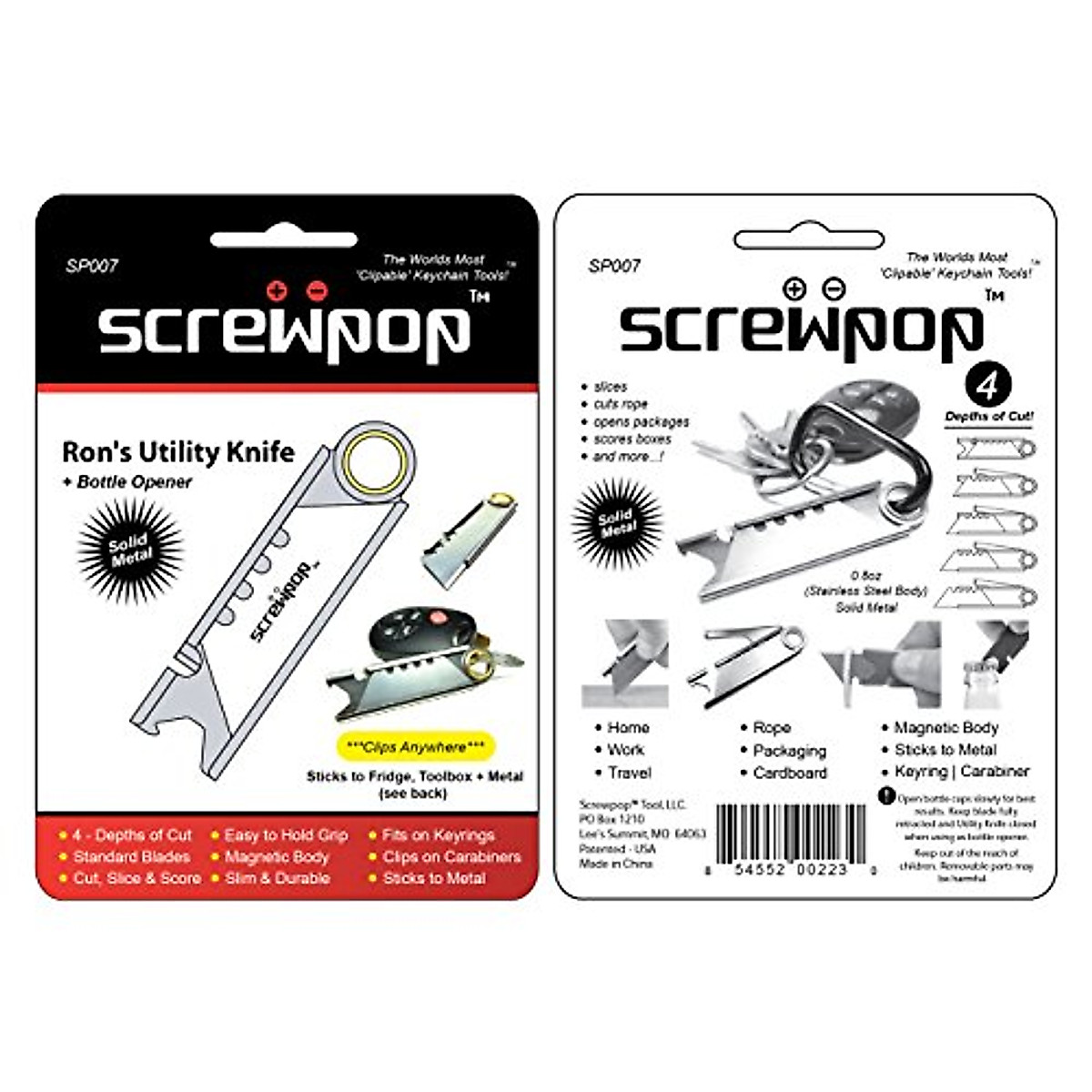 Screwpop Ron's Utility Knife 3.0 for Keychain and Carabiner Attachment also Magnetizes to (Appliances | Machines | Tool Boxes | Filing Cabinets | Metal Surfaces | Etc.) Stainless Steel