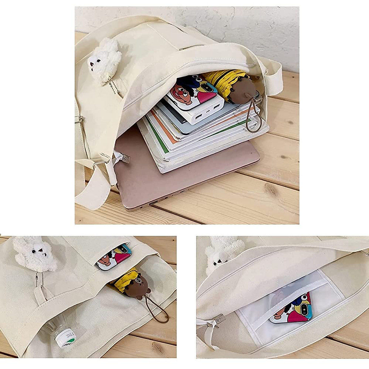 Kehpish Economical Cotton Canvas Tote Bag,Women Hobo Shoulder Bag Crossbody Handbag with 3 External Pocket,Zipper Closure