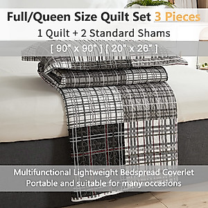 Bedspread Set Queen/Full Size Quilt Set Plaid Bed Spread Coverlet Black White Grey Plaid Patchwork Stripe Modern Quilt Bedspread Bedding Soft Lightweight Reversible Home Mens Quilts for Queen Bed
