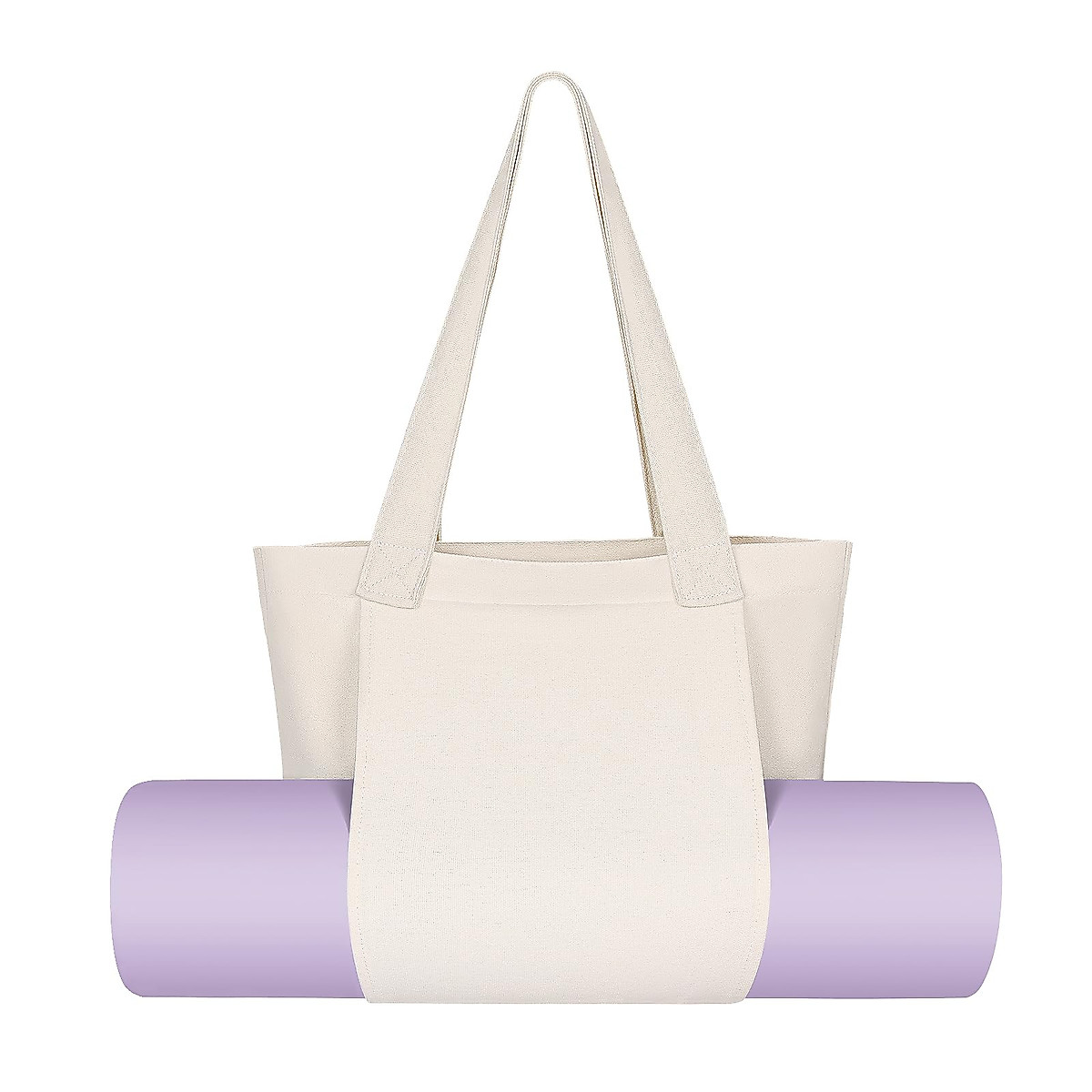 cycleacc Yoga Mat Bag, Gym Tote Bag for Women with Large Mat Carrier Pocket, Canvas Tote Bag for Workout, Pilates, Travel, Beach, Office (White)