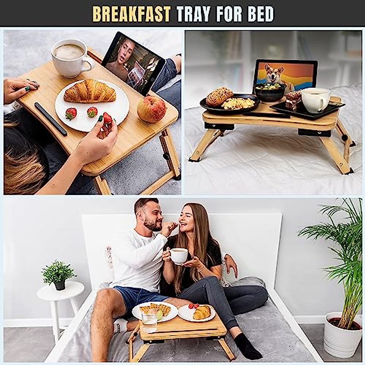 Foldable Laptop Bed Desk with Mouse Pad, Adjustable Folding Bamboo Tray Lap Stand Table for Work Breakfast College Students - Fits up to 17 Inch Laptops