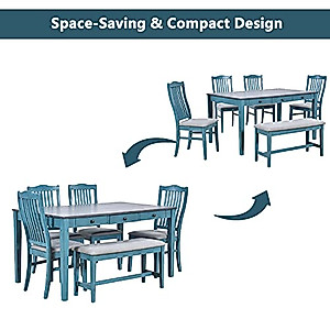 SIYSNKSI Mid-Century 6-Piece Dining Table Set with 4 Upholstered Dining Chairs and Bench, Wood Rectangular Dining Table with Drawer for Kitchen Living Room, Dining Table Set for 6 (Antique Blue)