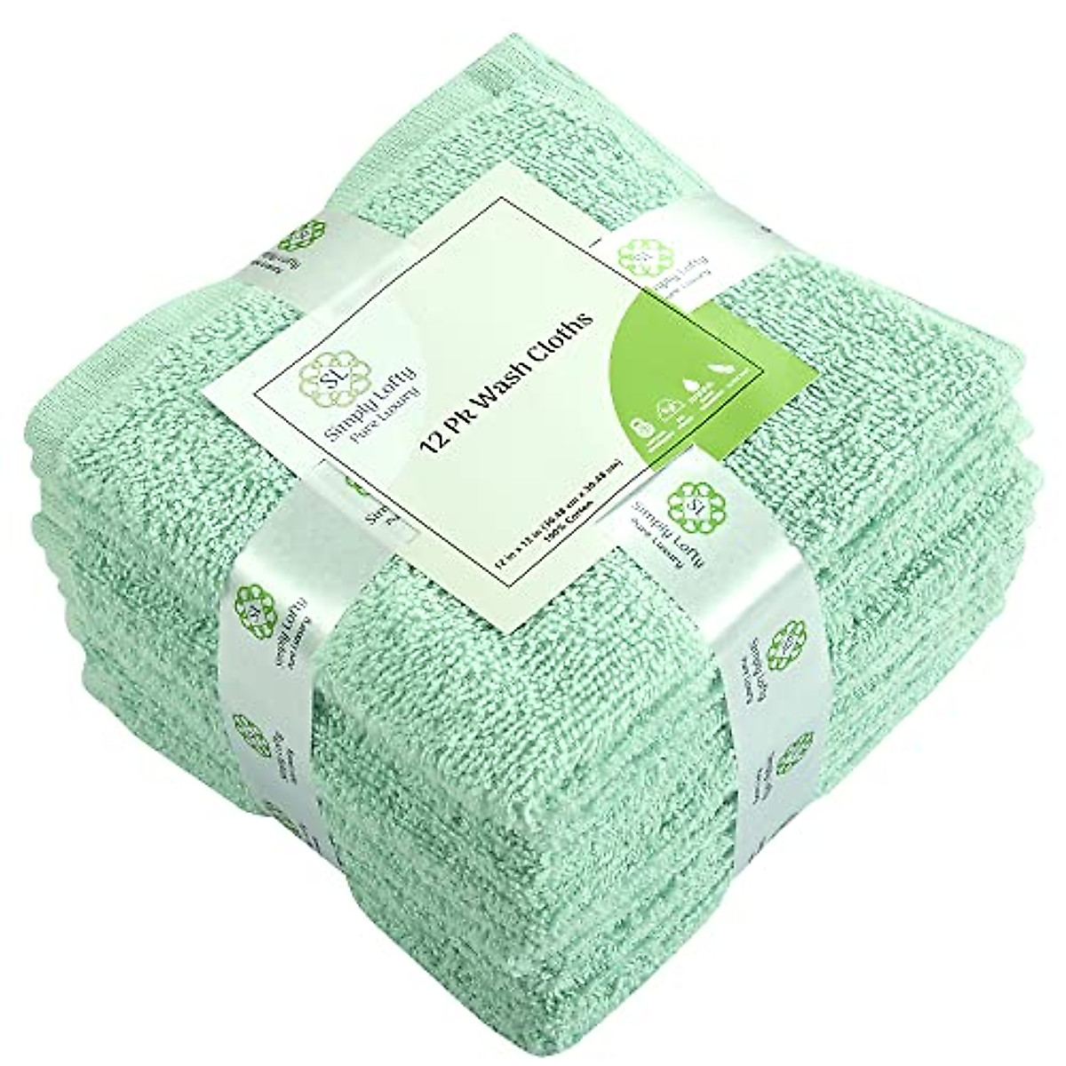 SIMPLY LOFTY Cotton Washcloths 12” x 12” (12 Pack) Premium Fingertip Towels Highly Absorbent Facial Towels for Bathroom 100% Ring Spun Cotton Wash Cloth Set (Aqua Mint)