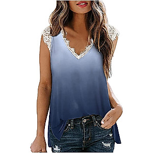 Bravetoshop Women's Tank Tops V Neck Lace Trim Vest Blouse Loose Fit Sleeveless Casual Tee Shirts (Dark Blue,XXL)