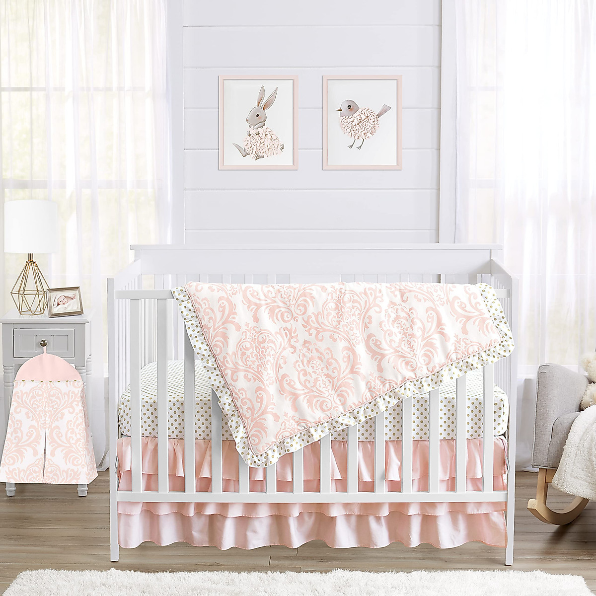 Sweet Jojo Designs Blush Pink White Damask and Gold Polka Dot Amelia Girl Baby Bedding 4 Piece Crib Set