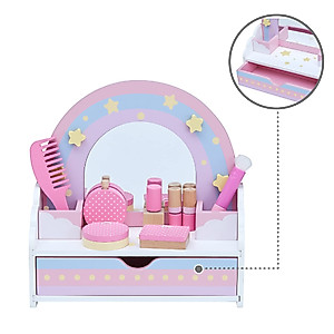Teamson Kids Little Dreamer Wooden Rainbow Play Tabletop Vanity with Mirror and Drawer Plus 8 Pretend Cosmetic Makeup Accessories, Pink, includes Small Parts