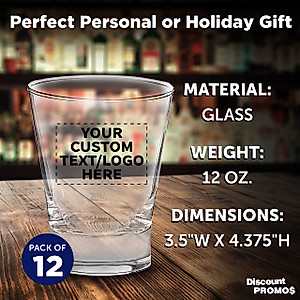 Custom Logo Whiskey Glasses 12 oz. Set of 12, Personalized Bulk Pack - Perfect for Scotch, Bourbon, Whiskey, Cocktail- Clear