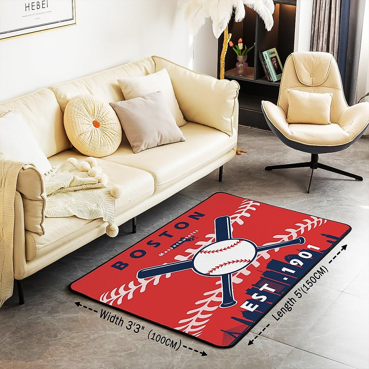 Erosebridal Baseball Area Rug for Boys,Kids Softball Rug 3x5,Red Black Baseball Player Living Room Rug,Sports Game Accent Rug Set for Bedside(Boston)