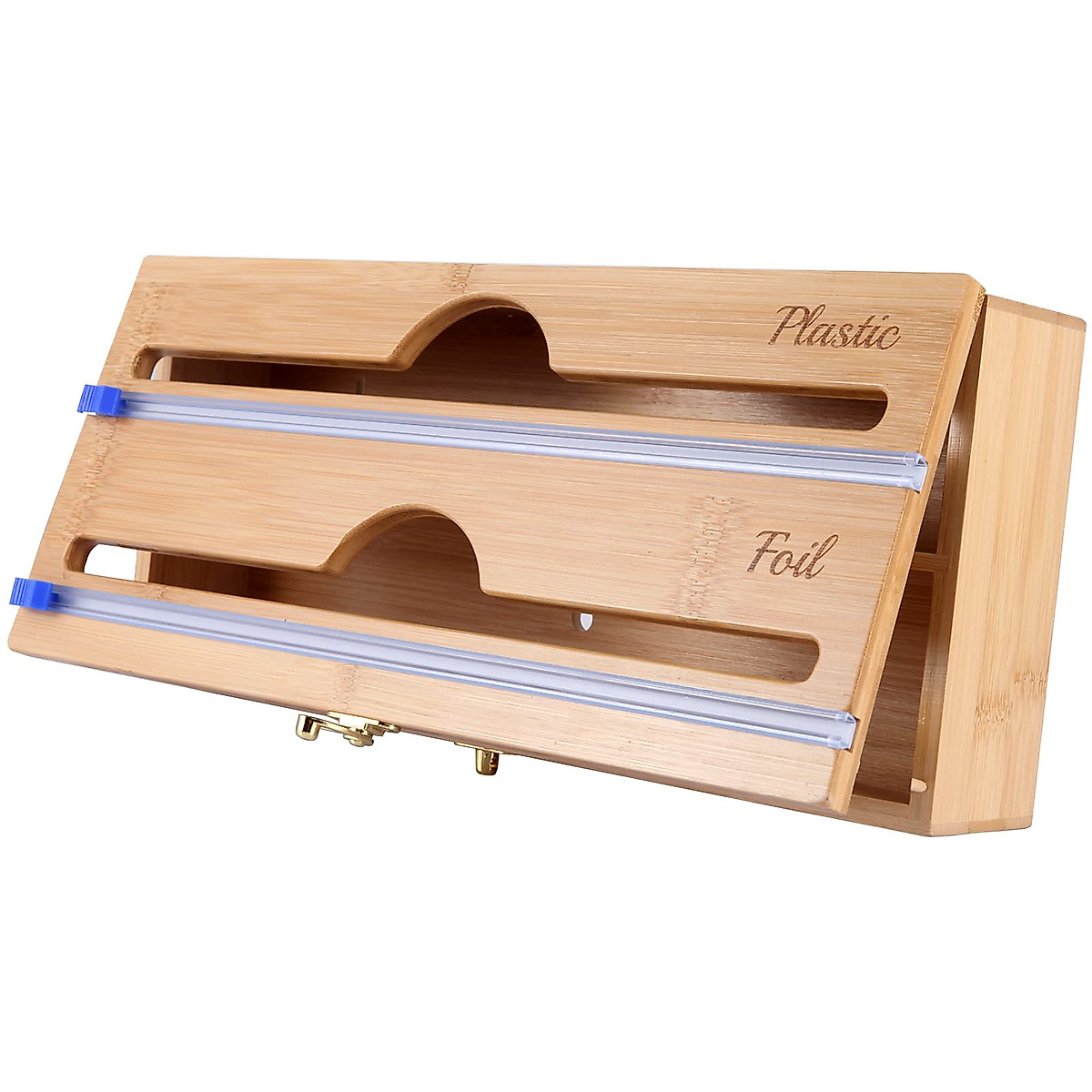 2 in 1 Food Wrap Organizer with Cutter, Bamboo Wrap Dispenser for Aluminum Foil, Wax Paper, Plastic Wrap, Wall Mounted or Kitchen Drawer Organization and Storage Holder,Max for 12" Roll