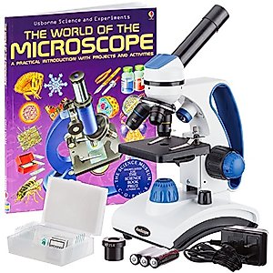 AmScope M162C-2L-PB10-WM Awarded 2018 Best Students and Kids Microscope Kit & SP-14 Microscope Slide Preparation Kit Including Stains