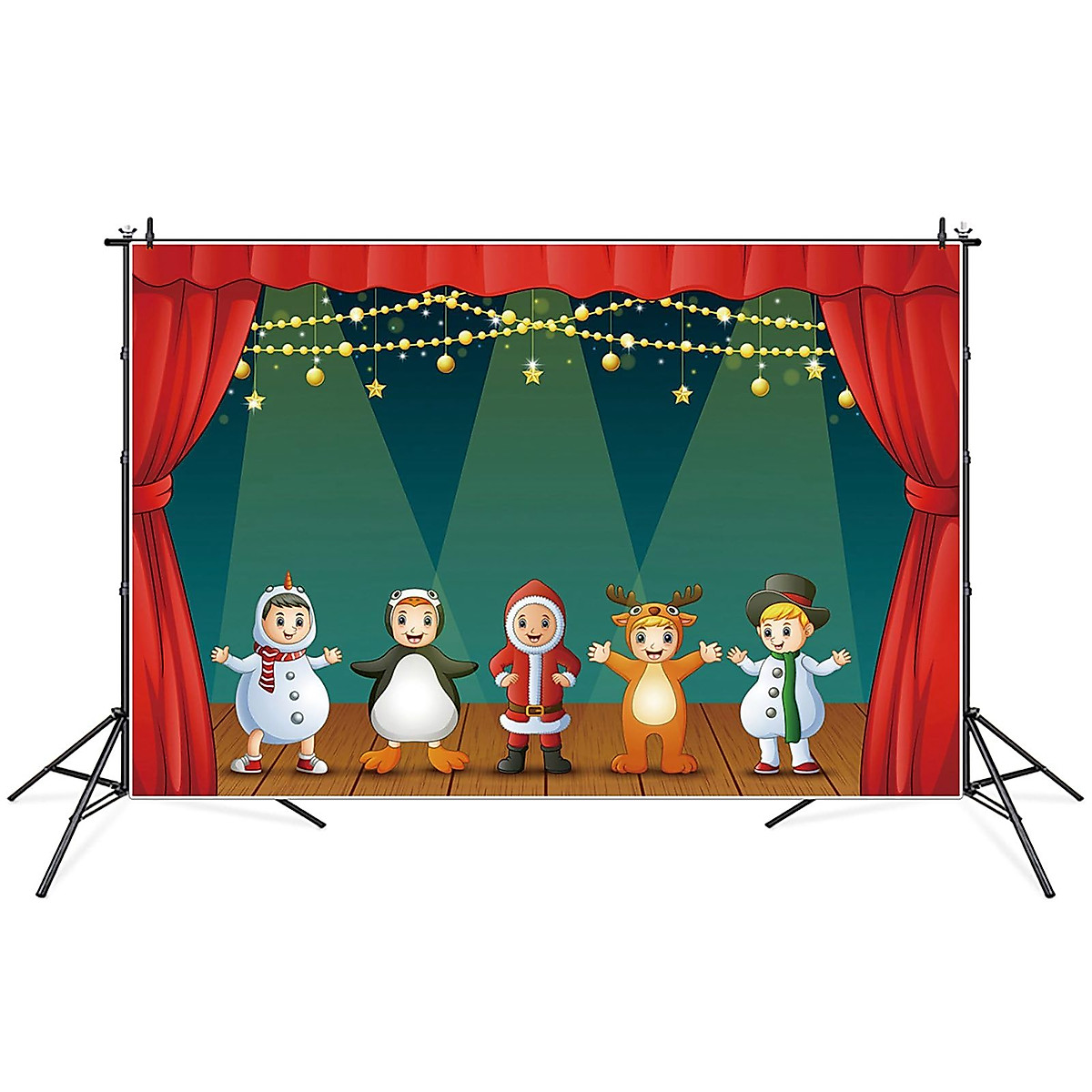 MOONDECO Photography Backdrop 5x3ft Christmas Red Curtain Gold Star Ball Lights Dance Stage Background Children Wood Plank Floor Party Photo Booth